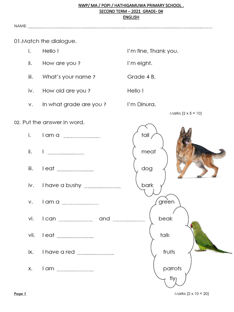 Grade 4 English 2nd Term Test Paper