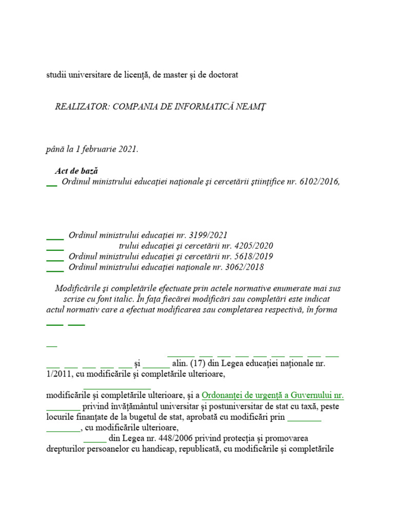 OM 6102-2016 Metodologie-Cadru Admitere | PDF