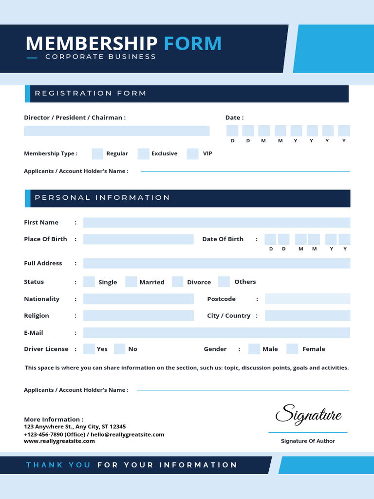 Blue Modern Corporate Business Membership Form A4 Document | PDF