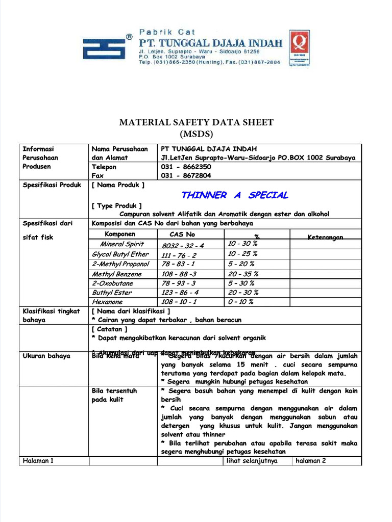 PDF Msds Thinner A Special B Indo Compress | PDF
