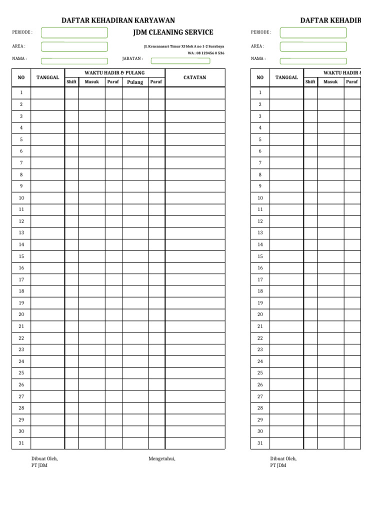 Form Daftar Absensi Manual Penempatan Office Boy | PDF