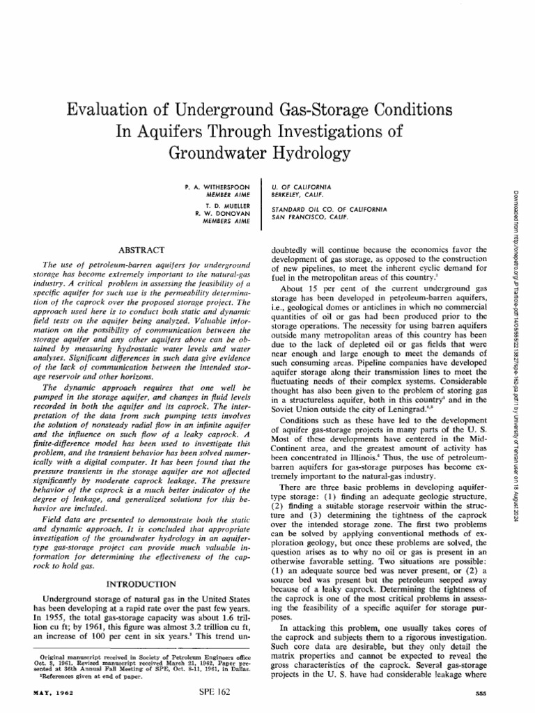 Evaluation of Underground Gas Storage Conditions in Aquifers Through | PDF