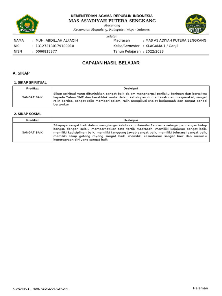 Rapor XI - AGAMA.1 - MUH. ABDILLAH ALFAQIH - 0066815377 | PDF