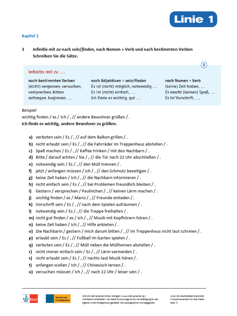Kapitel 1: Linie 1 B1 Arbeitsblätter Grammatik | PDF