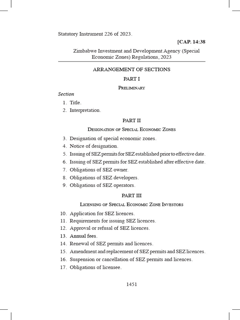 S.I. 226 of 2023 Zimbabwe Investment and Development Agency (Special ...