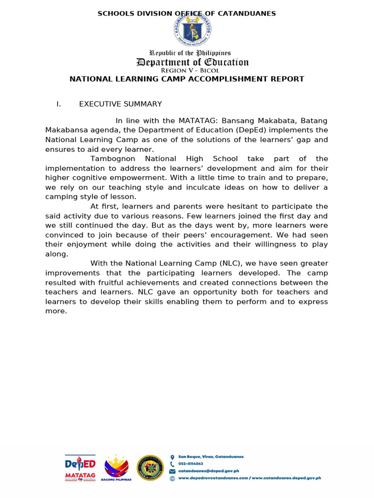 National Learning Camp Accomplishment Report | PDF
