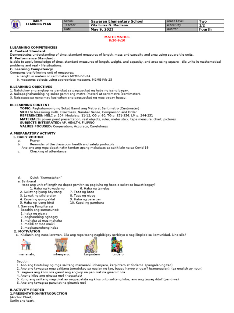 COT MATH DLP Q4 W2 Meter Centimeter | PDF | Length | Metrology