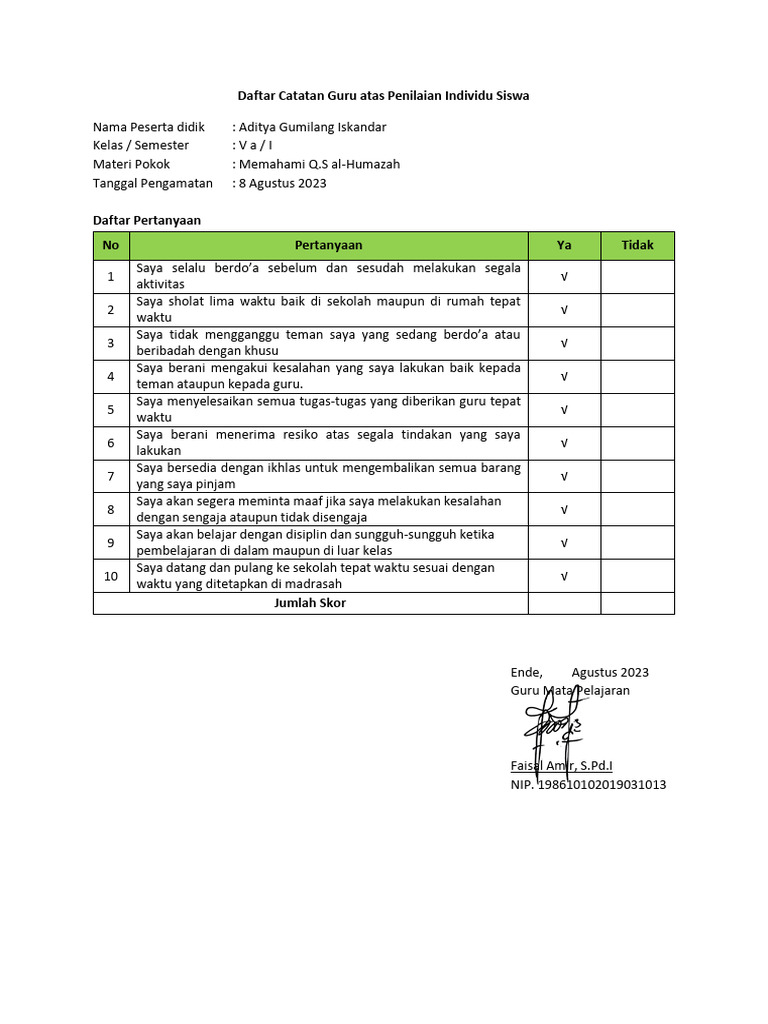 Daftar Catatan Guru Atas Penilaian Individu Siswa | PDF