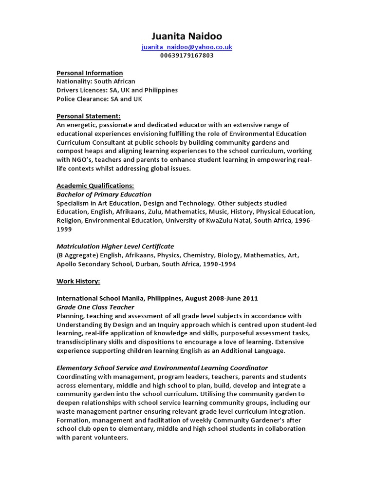 Juanita Naidoo CV | PDF | Teachers | Curriculum