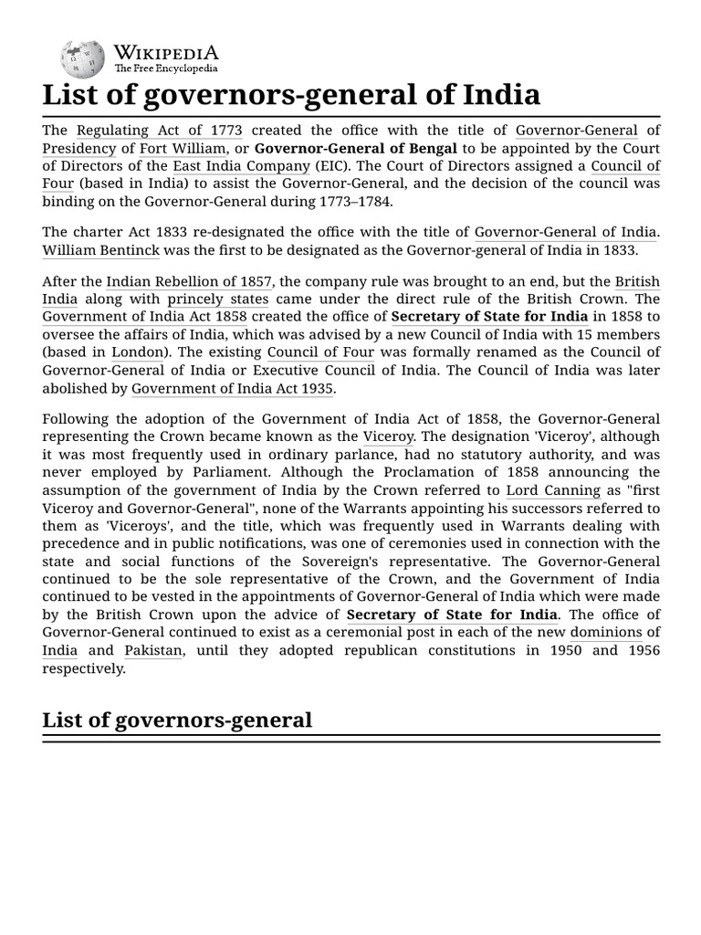 List of Governors-General of India - Wikipedia | PDF