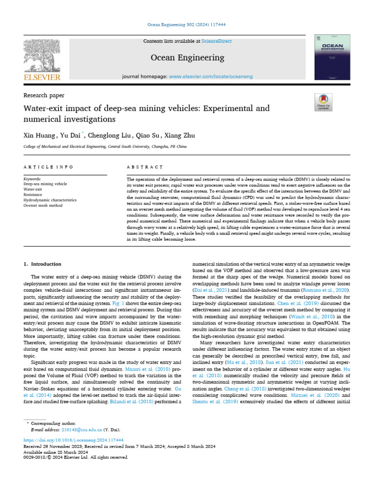 Water-exit Impact of Deep-sea Mining Vehicles Experimental and ...
