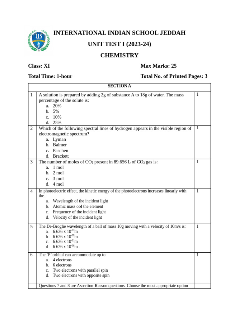 Chemistry Class Xi Unit Test 1 Question Paper | PDF