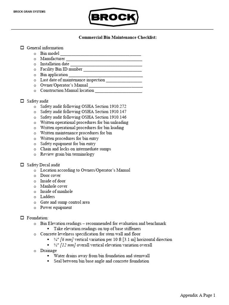 Commercial Bin Maintenance Checklist GEAPS | PDF