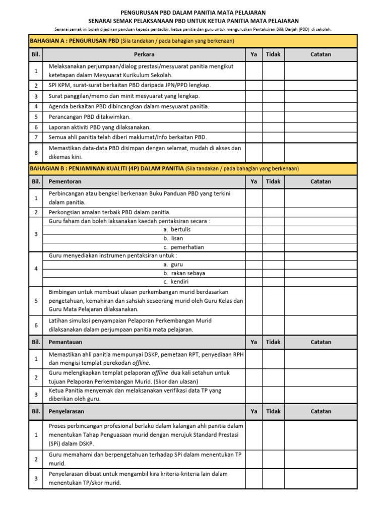 Senarai Semak Pelaksanaan PBD Untuk Ketua Panitia | PDF