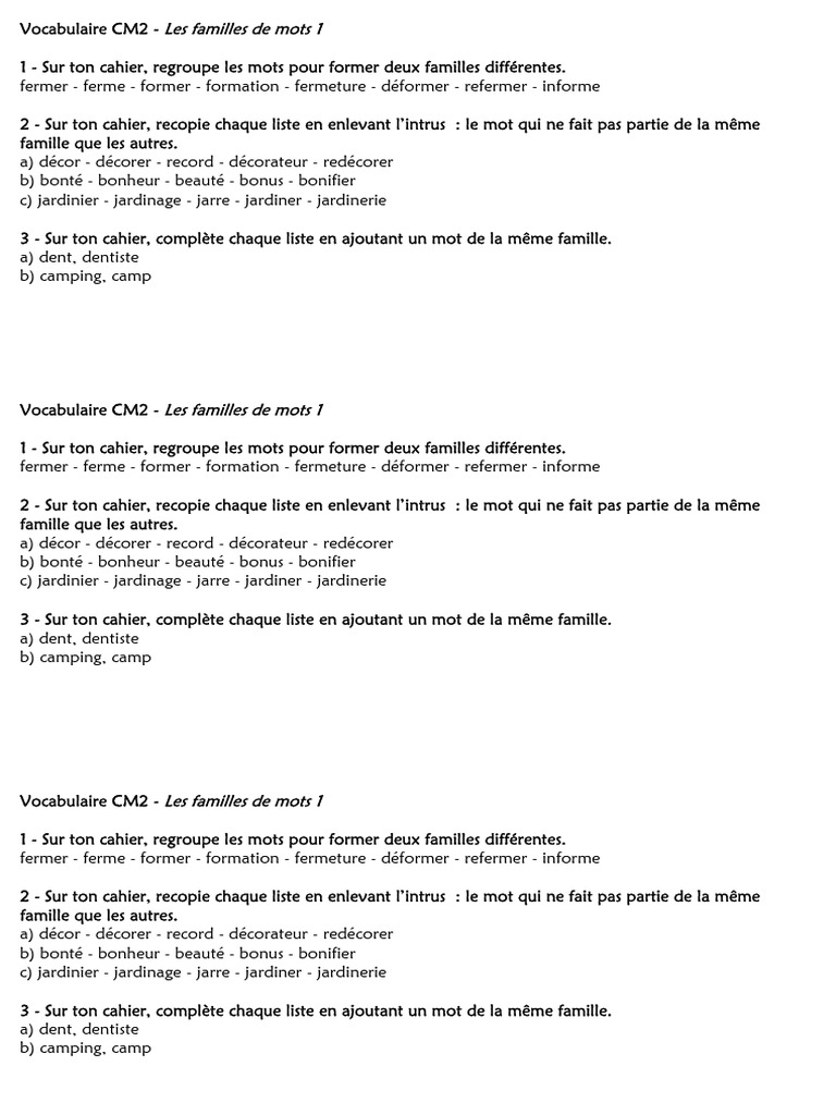 CM2 Les Familles de Mots Exercices | PDF