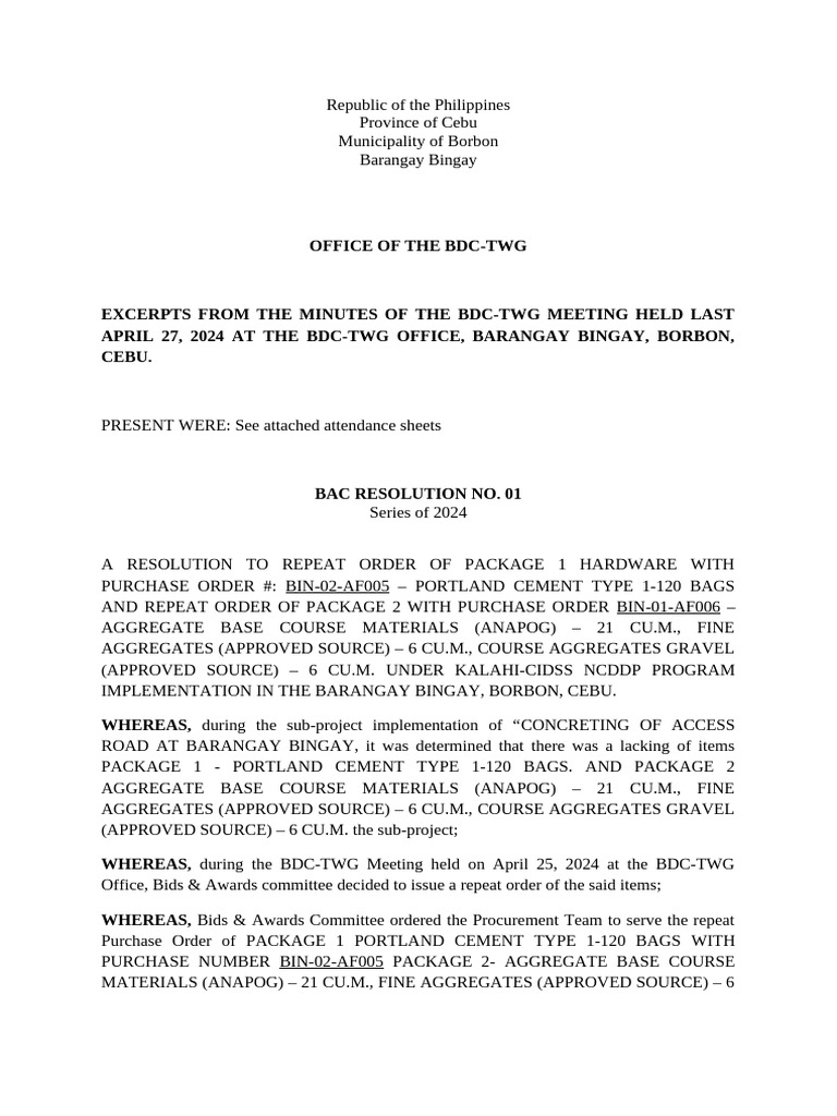 BINGAY BAC RESO REPEAT ORDER | PDF