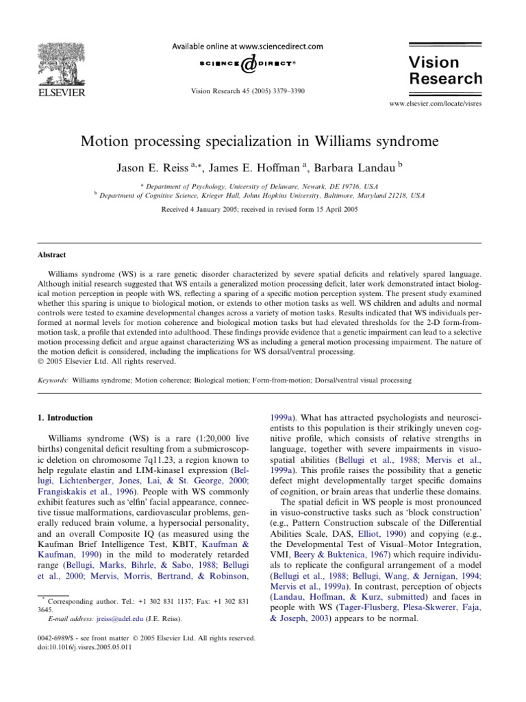 Motion Processing Specialization in Williams Syndrome: Jason E. Reiss, James E. Hoffman, Barbara ...