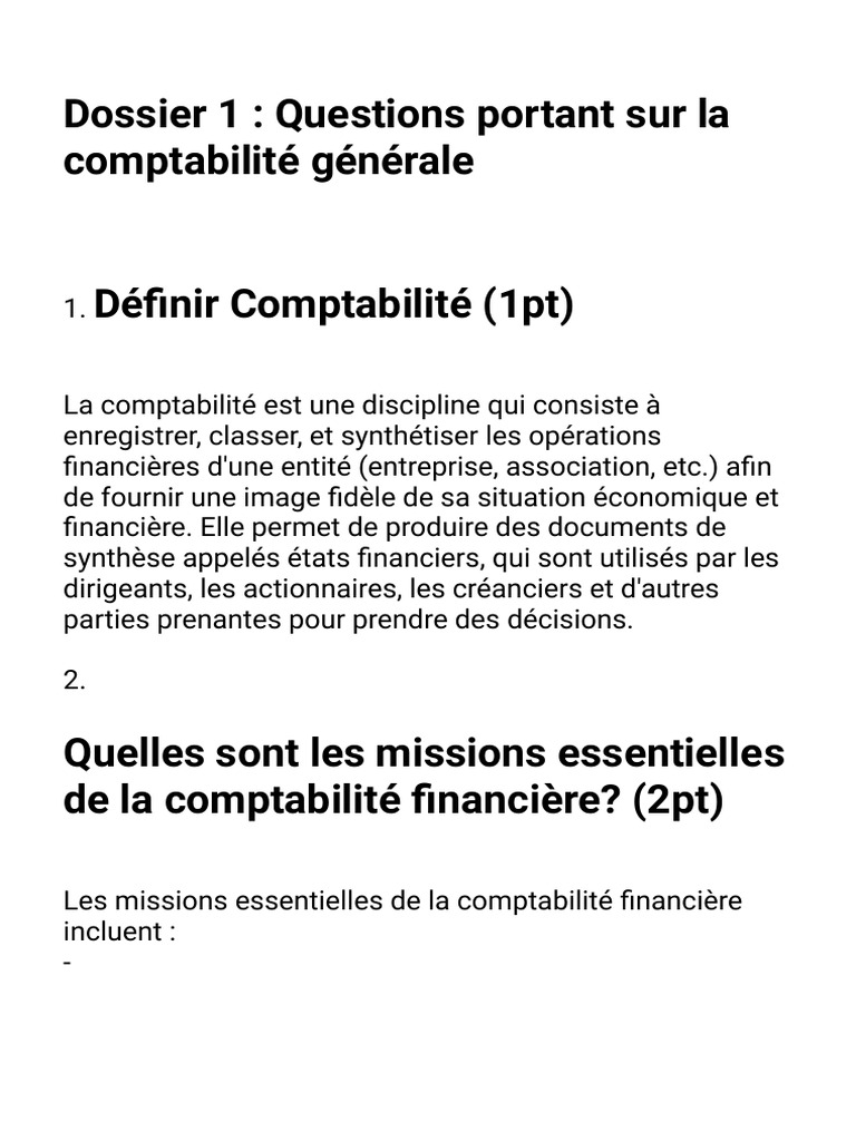 Dossier 1: Questions Portant Sur La Comptabilité Générale | PDF