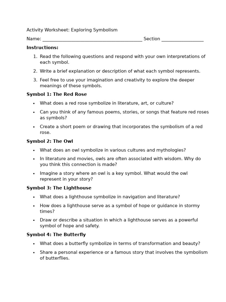 Activity Worksheet On Symbolism | PDF