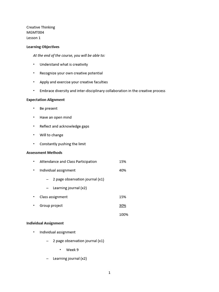 Creative Thinking - Lesson 1 Outline | PDF