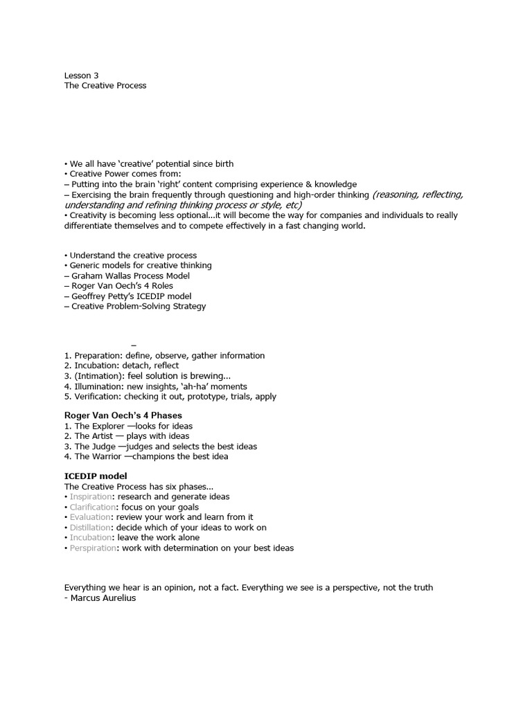 Creative Thinking - Lesson 3 Outline | PDF