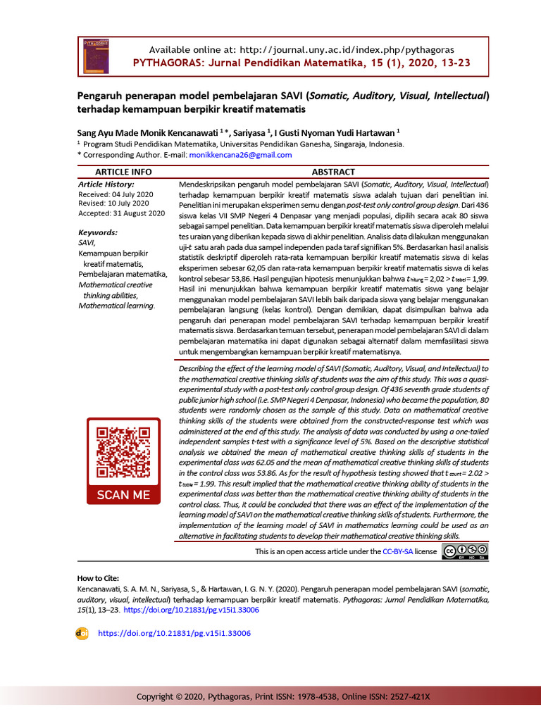 Pengaruh Penerapan Model Pembelajaran SAVI (Somatic, Auditory, Visual ...