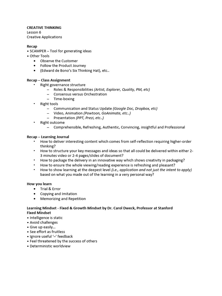 Creative Thinking - Lesson 6 Outline | PDF