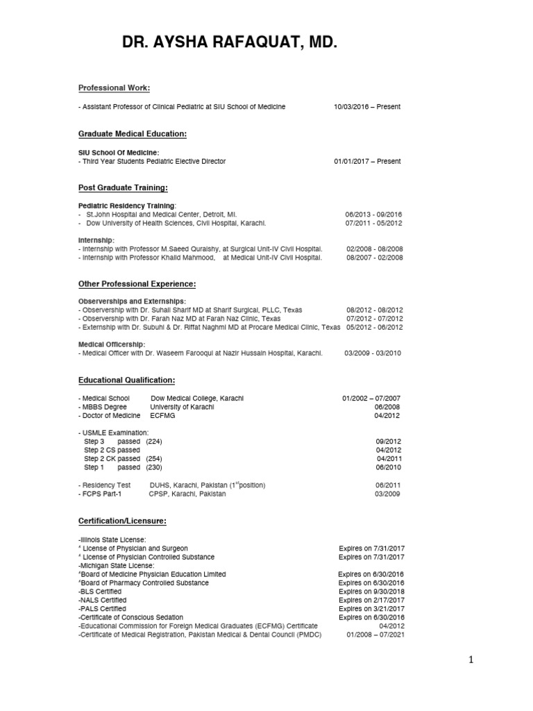 Rafaquat Aysha CV May 2017 | PDF | Medical School | Science & Mathematics