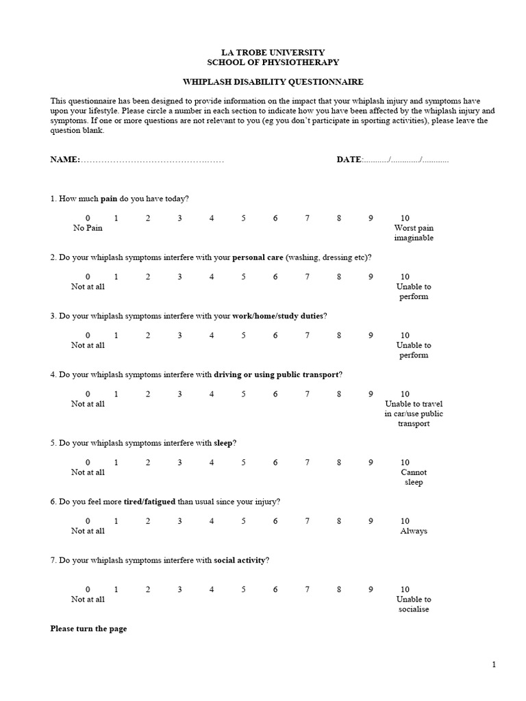 Whiplash Disability Questionnaire | PDF