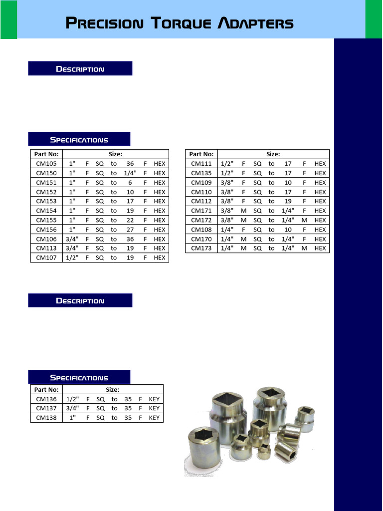 Precision Torque Adapters Datasheet | PDF | Calibration | Metrology