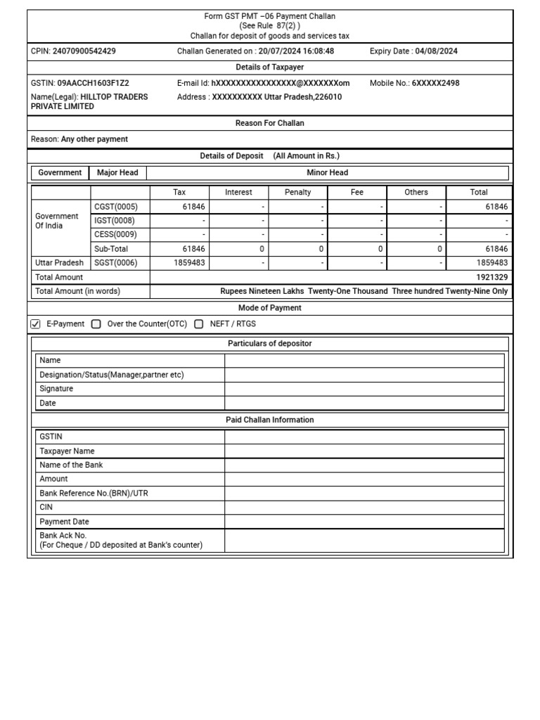 Gst-Challan 24070900542429 | PDF