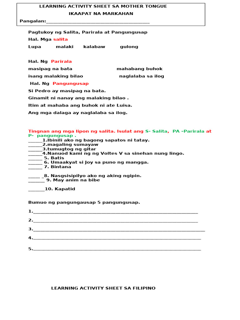 Q4 Learning Activity MTB 1 N Filipino April 24 2024 | PDF