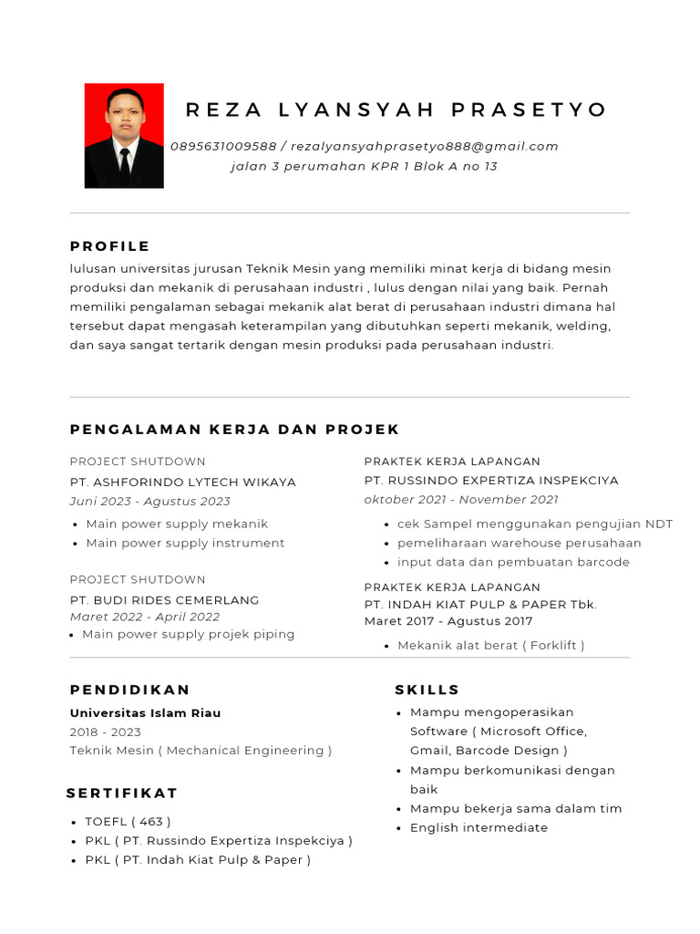 CV Reza Lyansyah Prasetyo | PDF