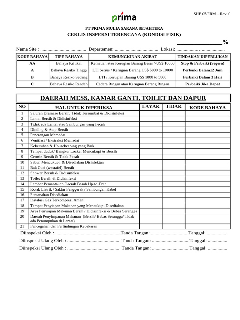 S.7.4.005 FRM Ceklist Inspeksi Terencana Daerah Mess, Kamar Ganti ...