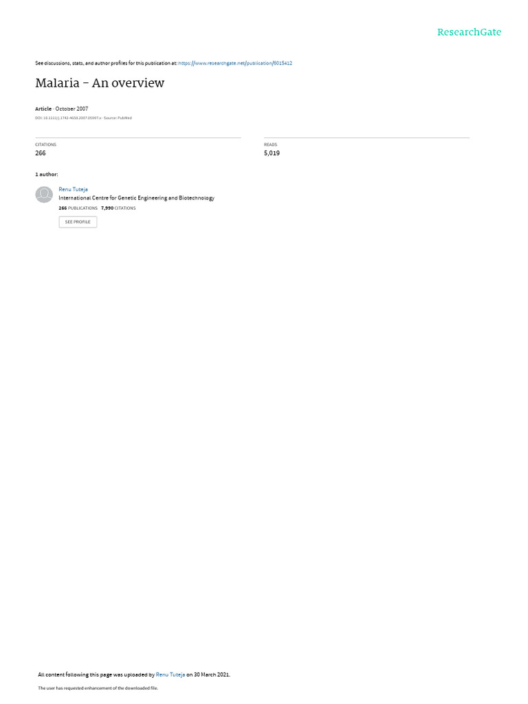 Malaria - An Overview | PDF