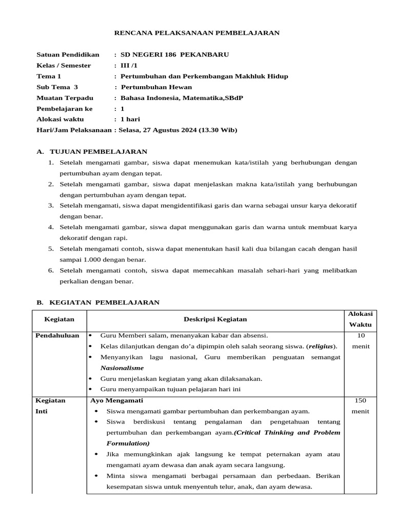RPP Observasi PMM 2024 (Dina) Kelas 3c | PDF