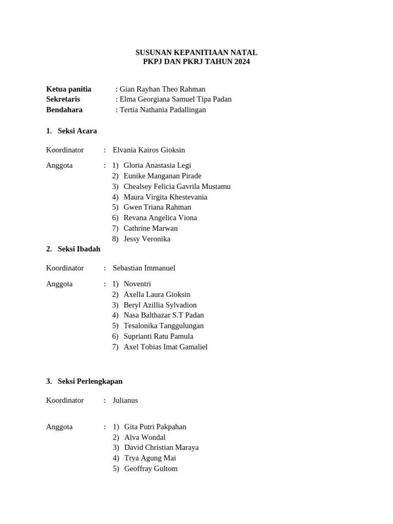 Susunan Kepanitiaan Natal PKPJ & PKRJ 2024 | PDF