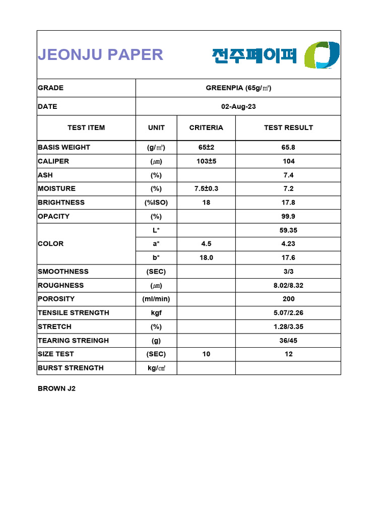 GREENPIA (65g) TDS_Jeonju Paper KRAFT | PDF