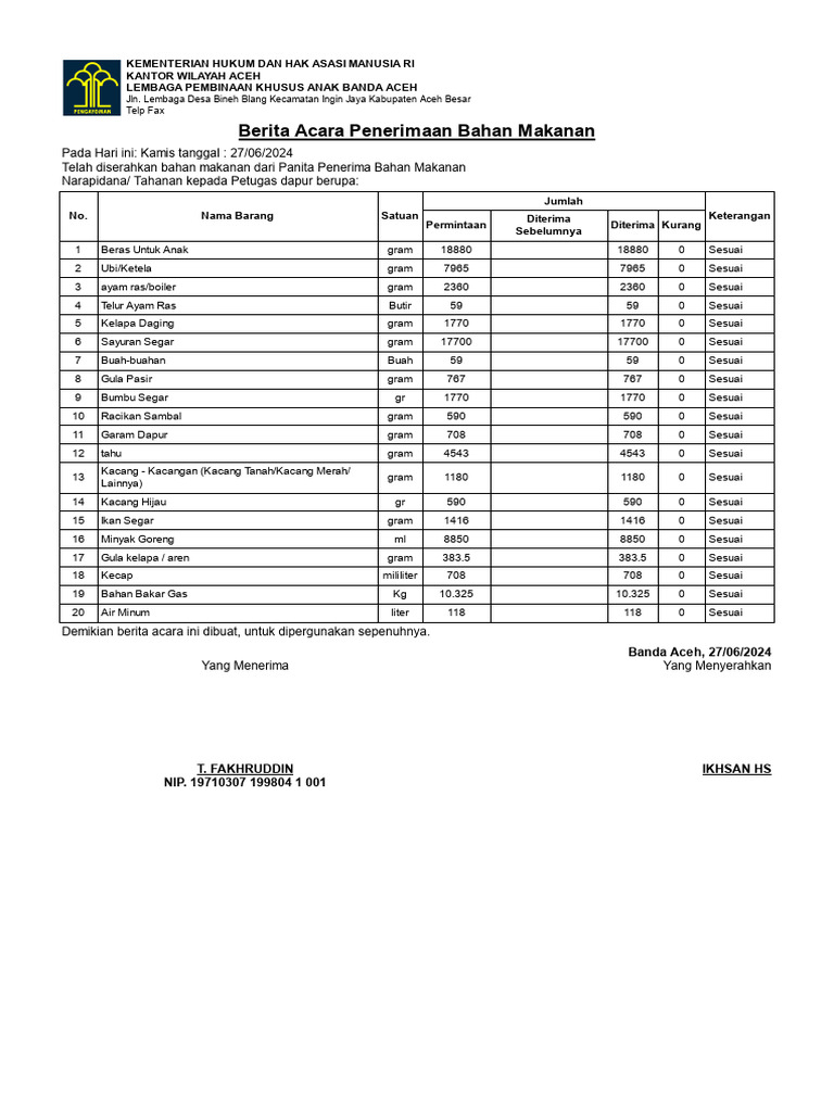 Berita Acara Penerimaan Bahan Makanan 27 | PDF
