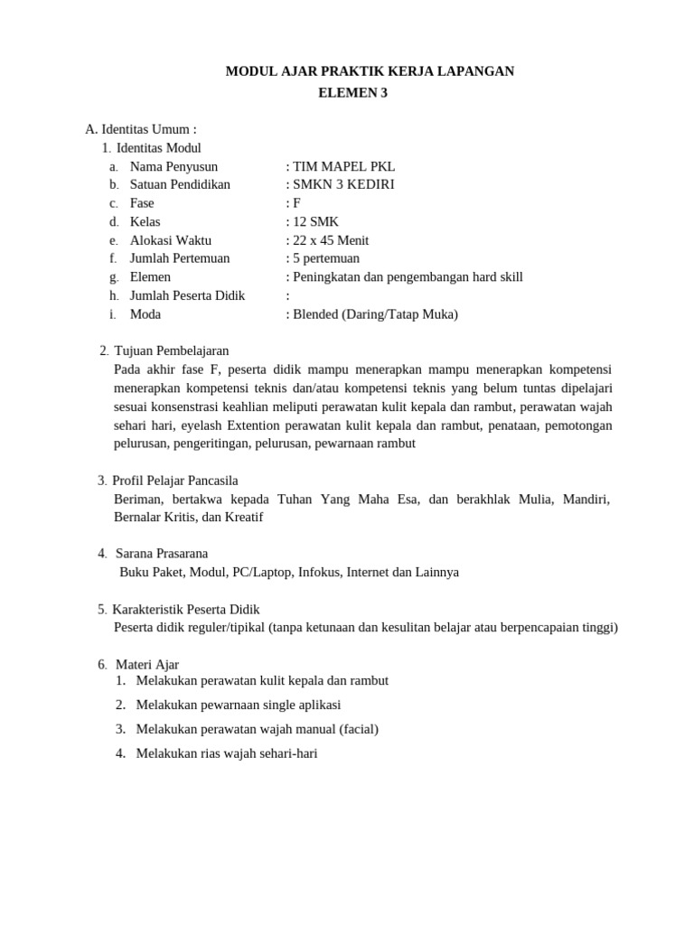 Modul Ajar PKL Elemen 3 - KC | PDF