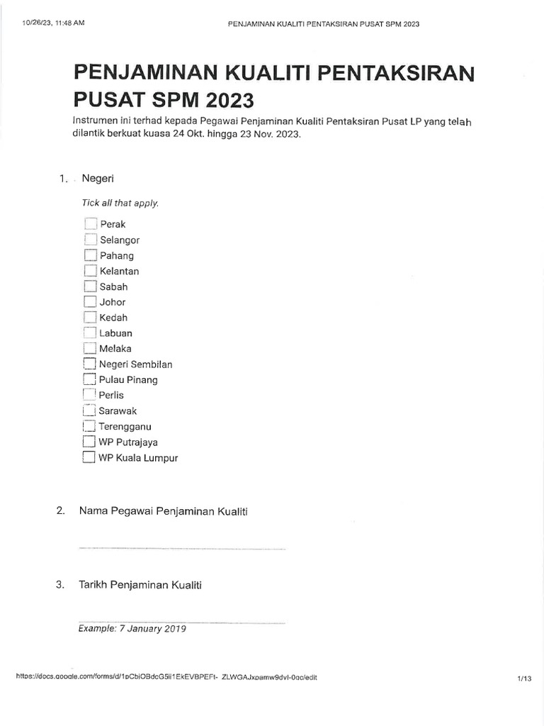 Instrumen Penjaminan Kualiti Pen Pusat | PDF
