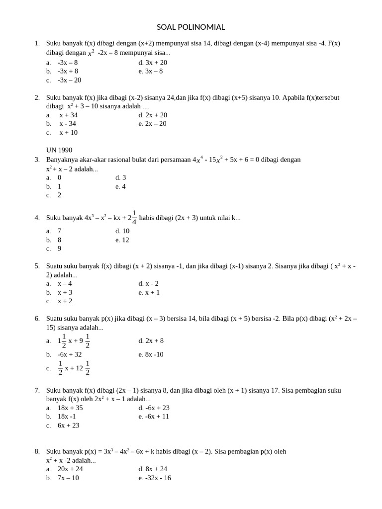 Soal Polinomial Persiapan Ulangan LC | PDF