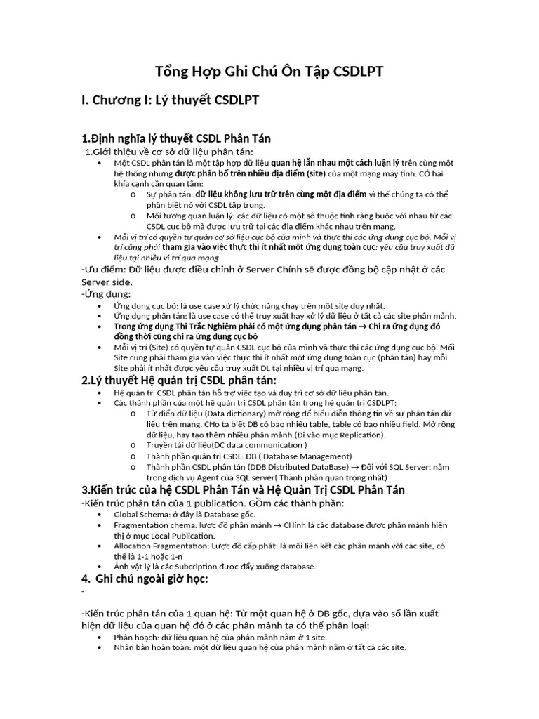 Tổng Hợp Ghi Chú Ôn Tập CSDLPT | PDF