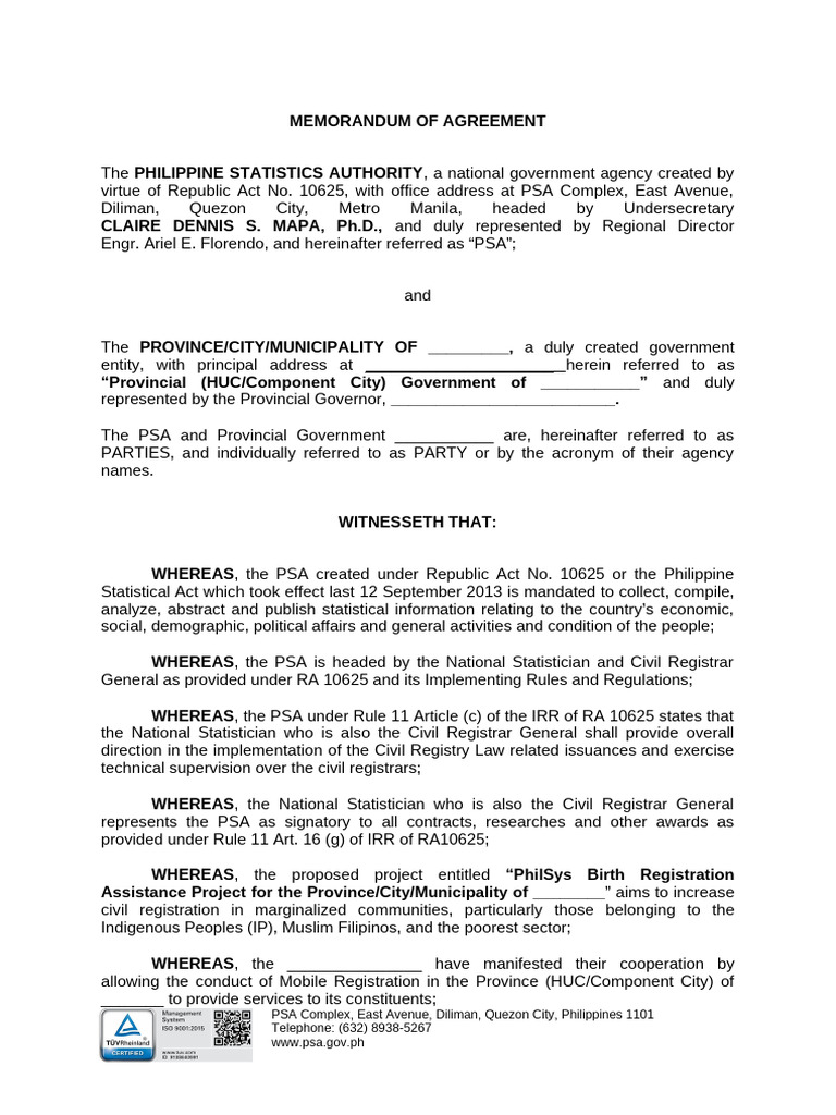 Memorandum of Agreement Between PSA and LGUs in Relation To PhilSys ...