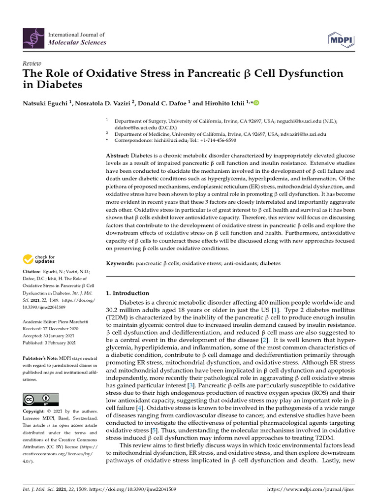 Oxidative Stress in Pancreatic β Cell | PDF