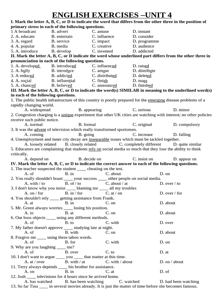 English Practice Exercises - Unit4 - (Ko Key) | PDF