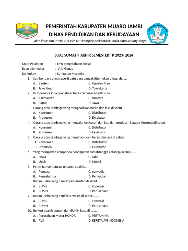 Soal Ujian Sumatif Akhir Semester Genap Ips Kelas Viii Tahun 2024 | PDF