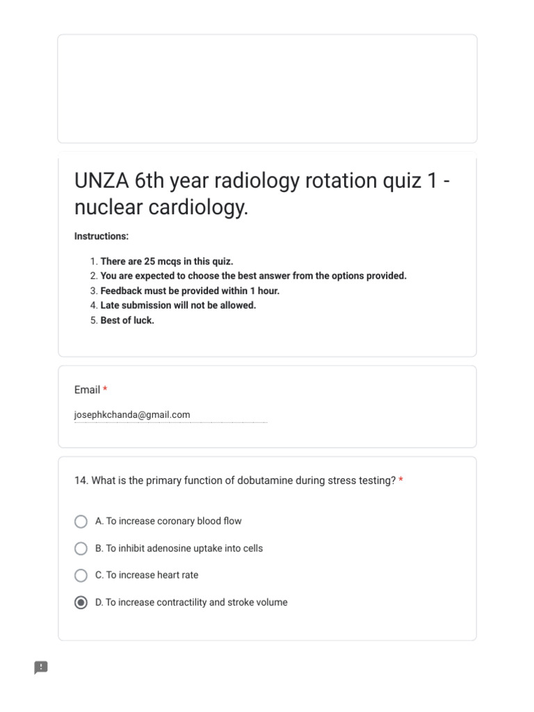 UNZA 6th Year Radiology Rotation Quiz 1 - Nuclear Cardiology. | PDF