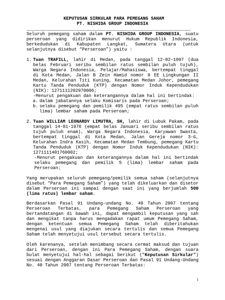 Sirkuler PT Nishida Group Indonesia (Tambah Modal Dasar Dan Stor) | PDF