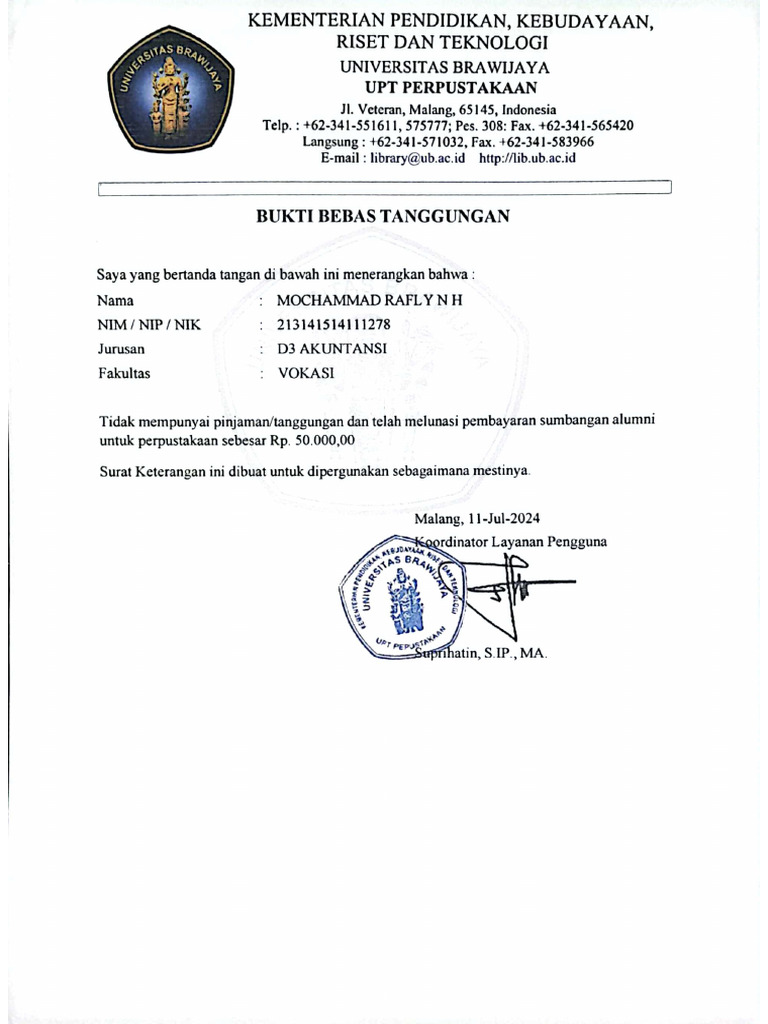 Sumbangan Perpus Ub & Tidak Punya Tanggungan Pinjaman Buku | PDF